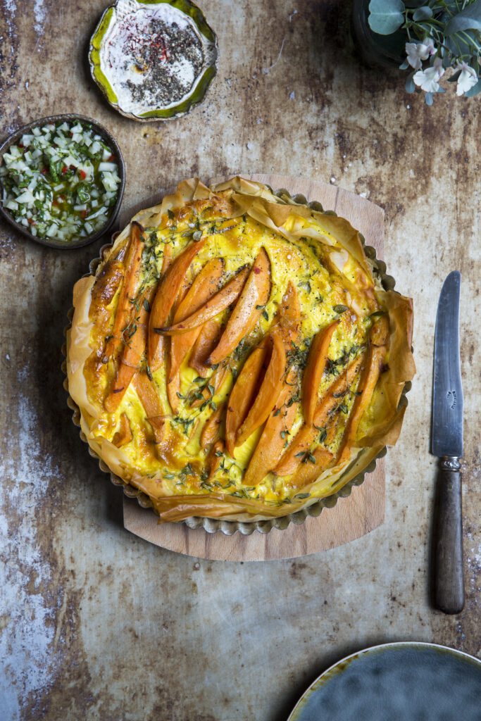Sweet potato filo tart with fennel, coriander and chilli relish ...